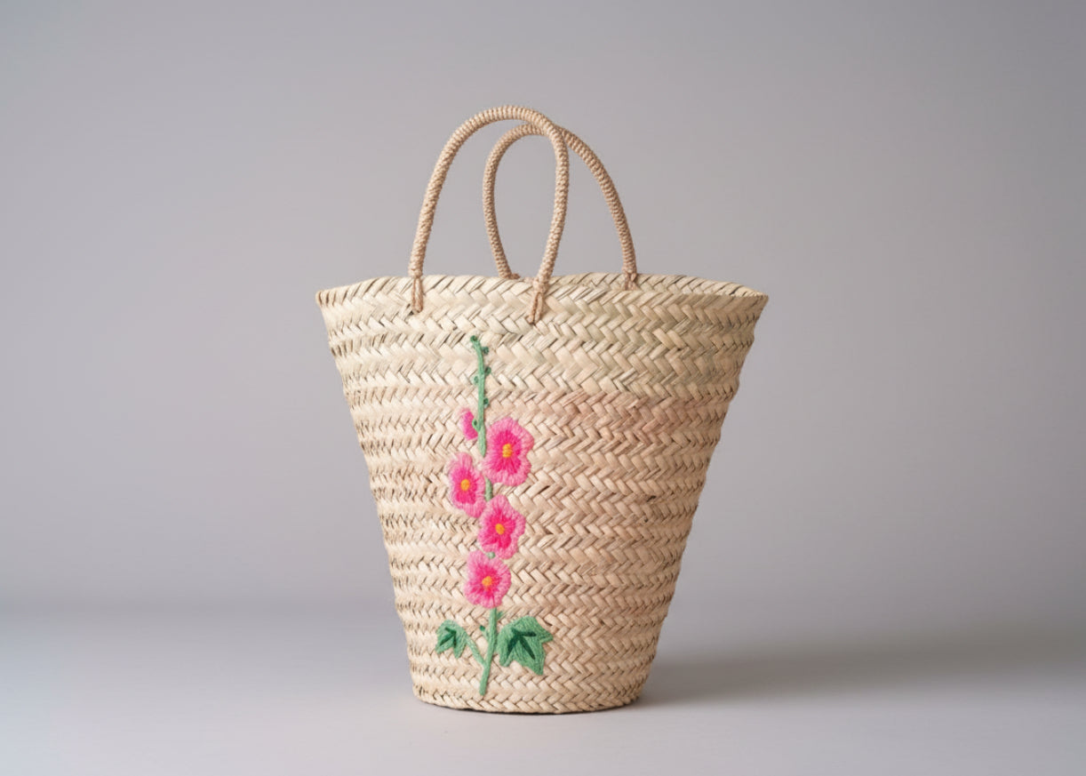 Hand Embroidered Hollyhock Woven Basket