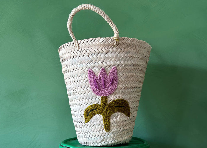 Hand Embroidered Tulip Woven Basket