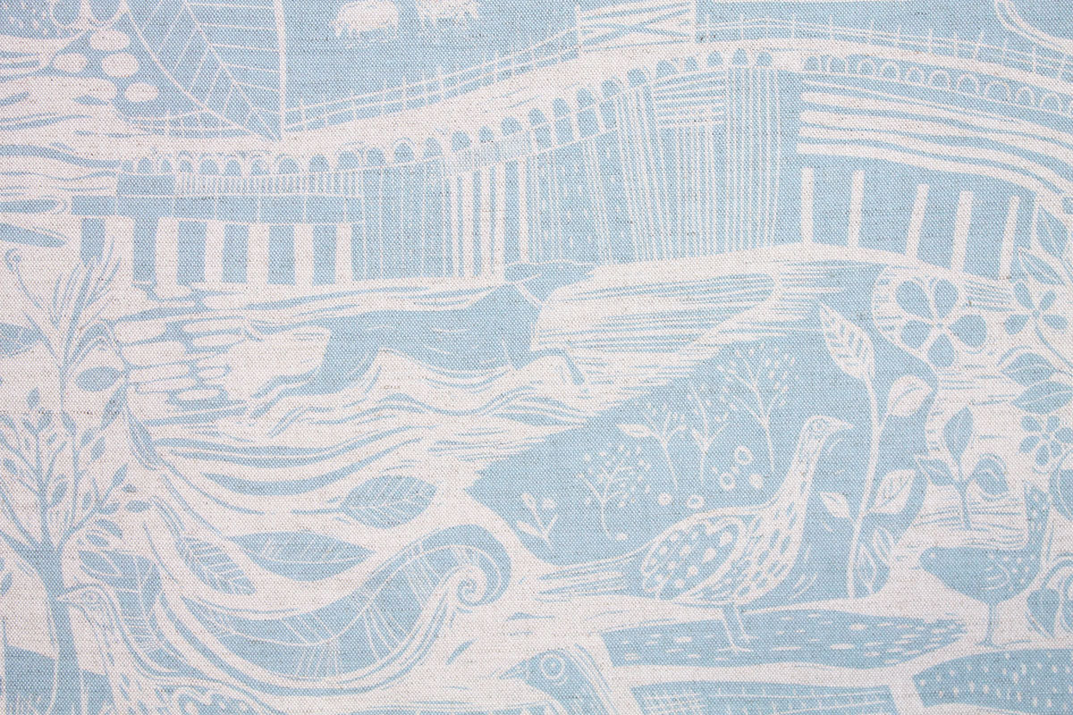 Sam Wilson Blue Through the Fields Linen Fabric on Natural